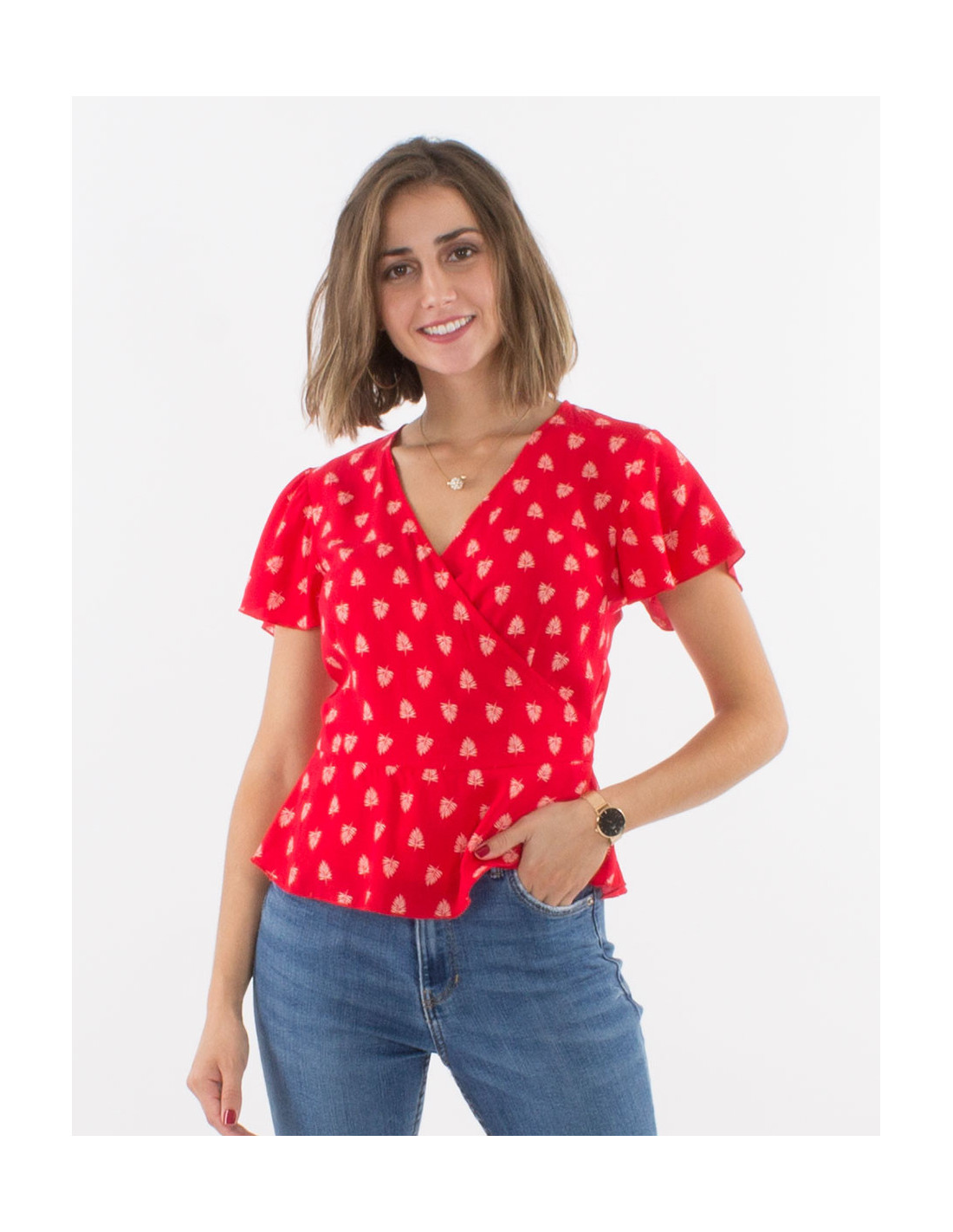 Blouse fluide ethnique femme avec volants et col cache cœur